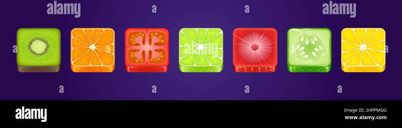 Game ui app icons, square food buttons with texture of kiwi, orange ...