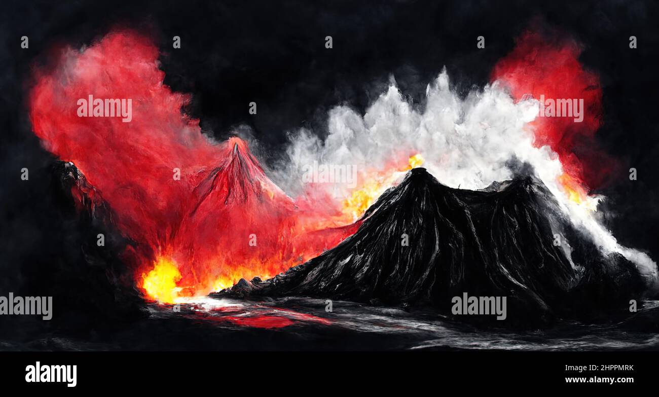 Apocalypse, volcanic eruption. Lava magma flows flow down volcano mouth ...