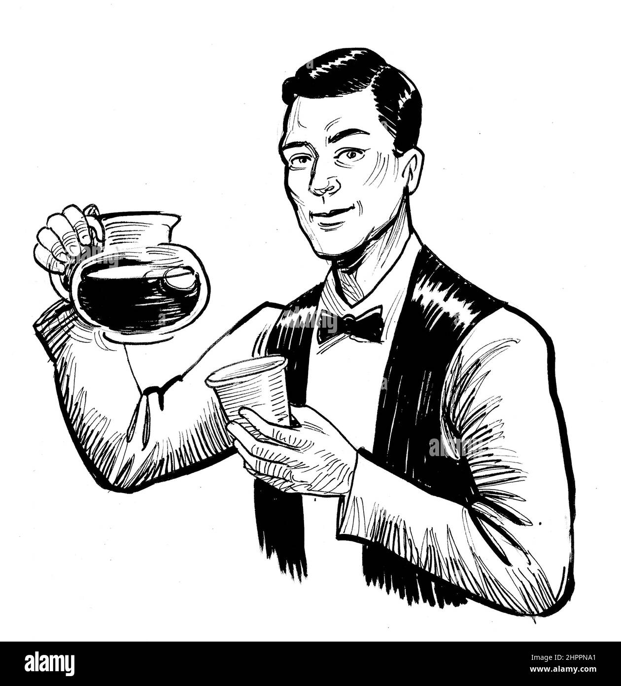 Barista preparing coffee. Ink black and white drawing Stock Photo - Alamy