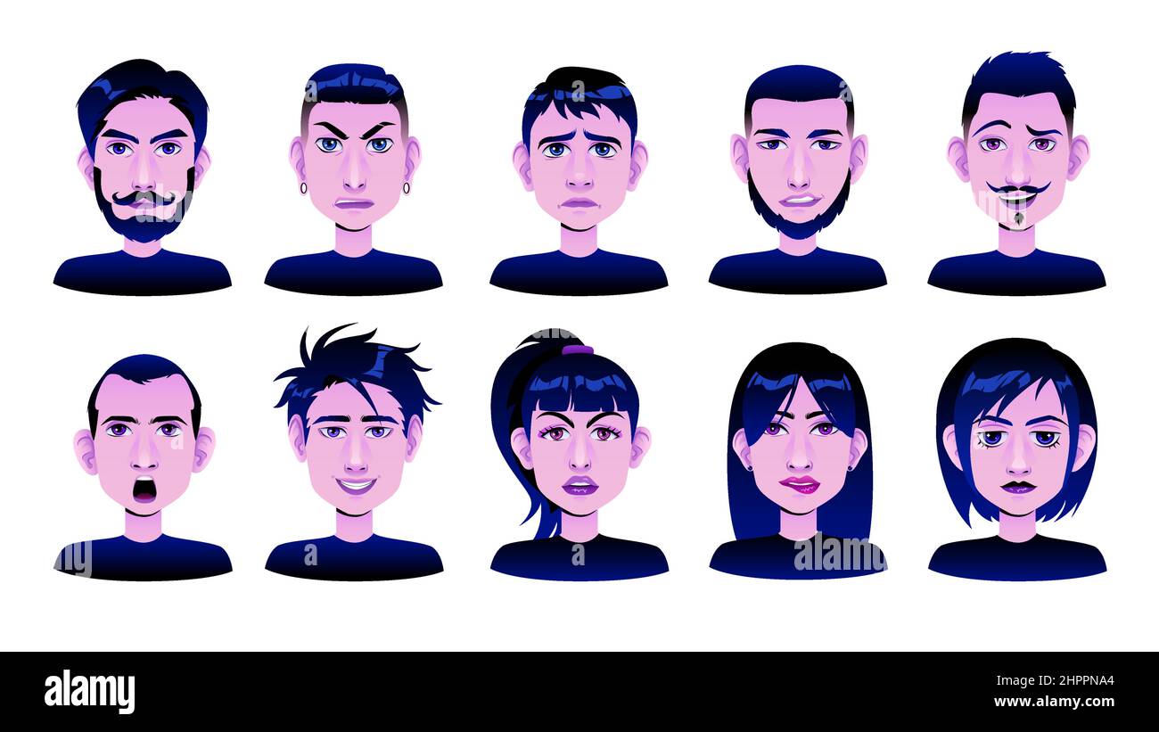 Avatar Set of Men and Women Faces with Emotional Expressions. Vector ...