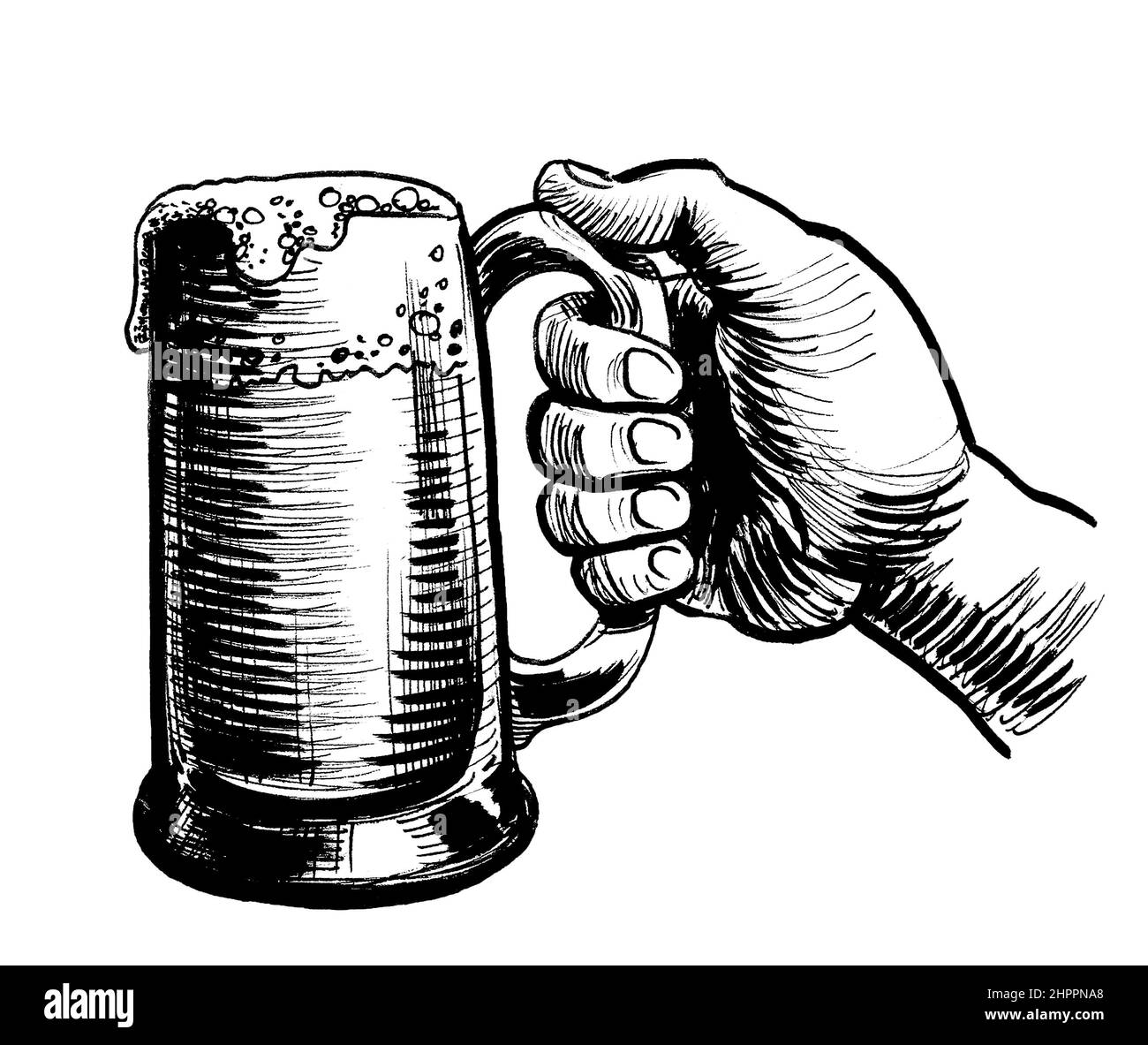 Hand with beer mug. Ink black and white drawing Stock Photo - Alamy