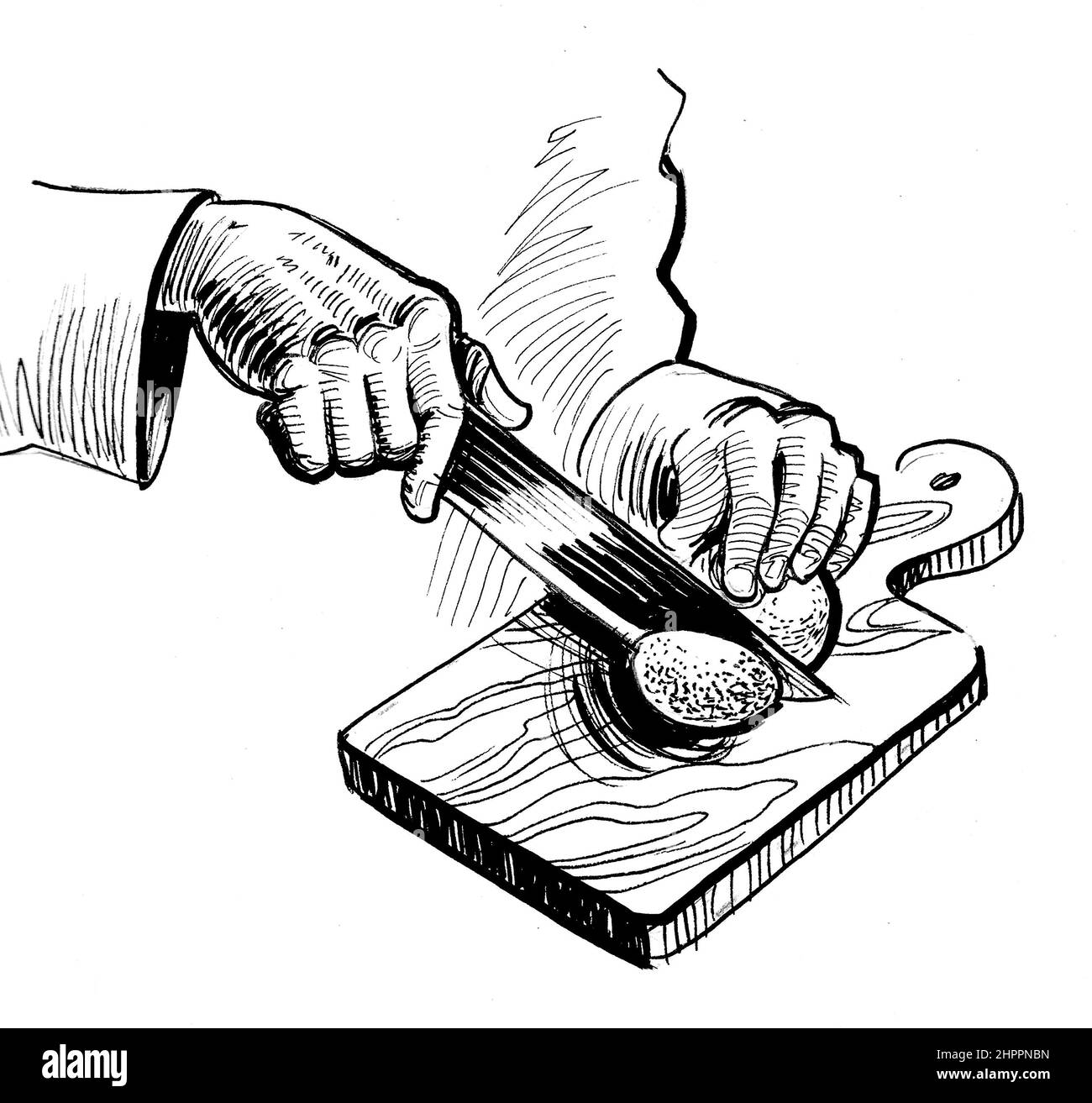 Hand cutting a potato. Ink black and white drawing Stock Photo - Alamy
