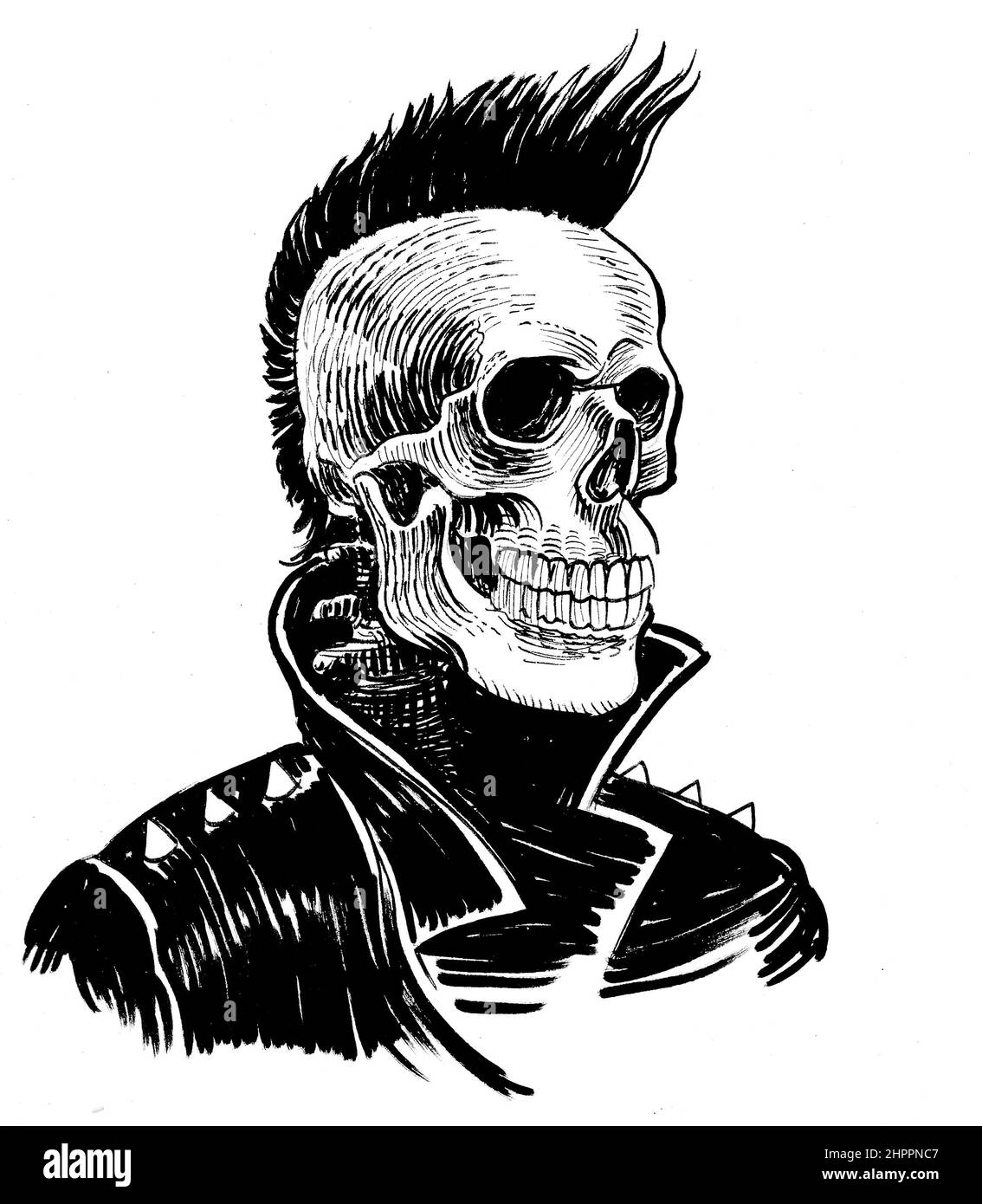 Dead punk in leather jacket. Ink black and white drawing Stock Photo ...