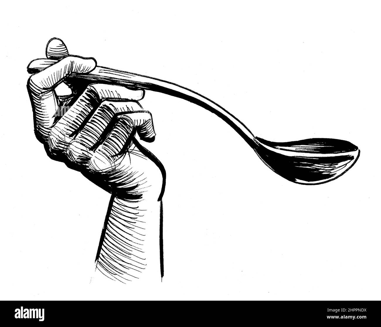 Hand with a spoon. Ink black and white drawing Stock Photo - Alamy