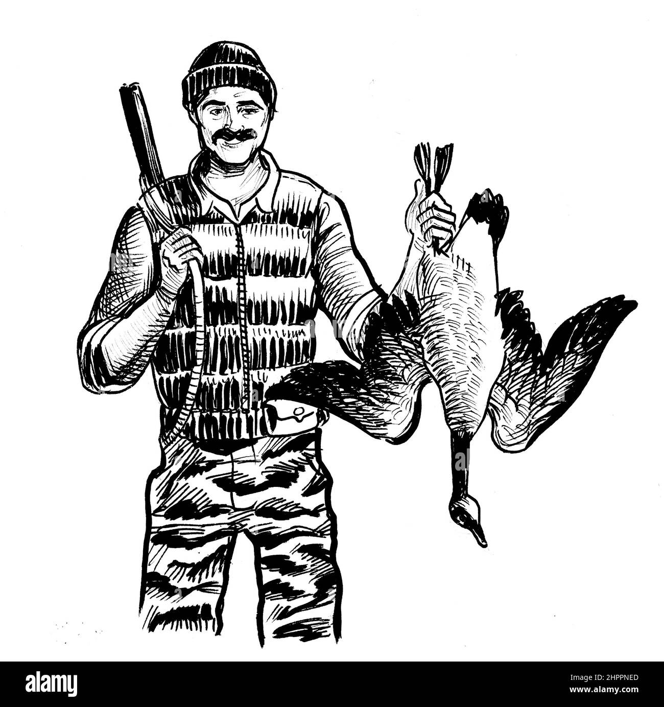Hunter with a shot goose. Ink black and white drawing Stock Photo - Alamy