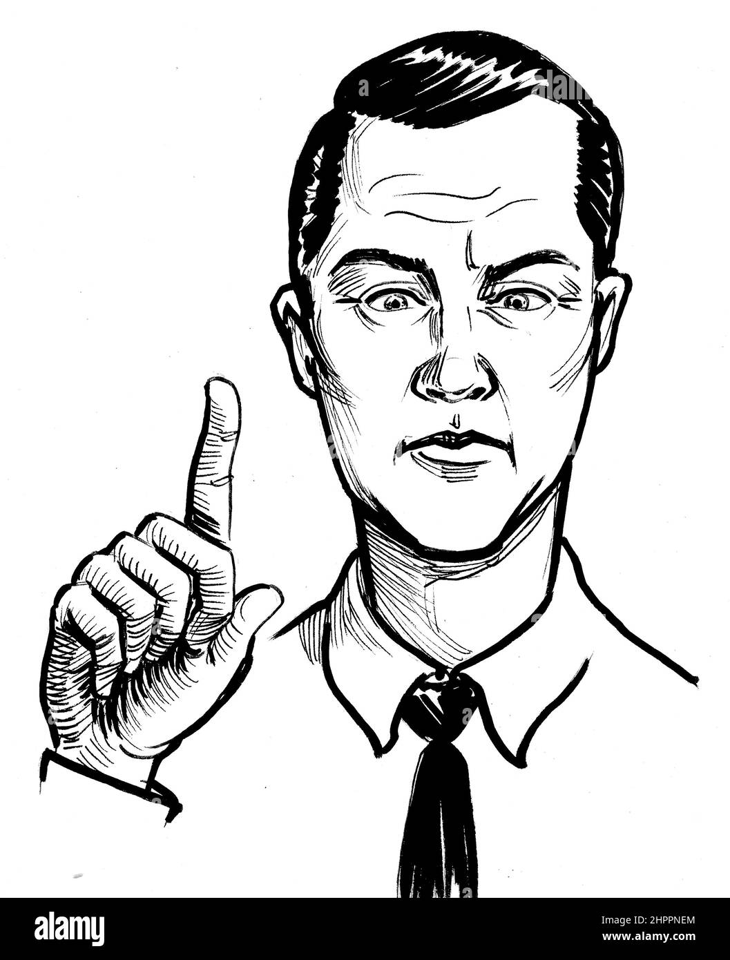 Businessman warning by pointing up. Ink black and white drawing Stock ...