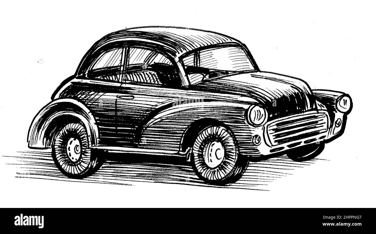 Vintage car. Ink black and white drawing Stock Photo - Alamy