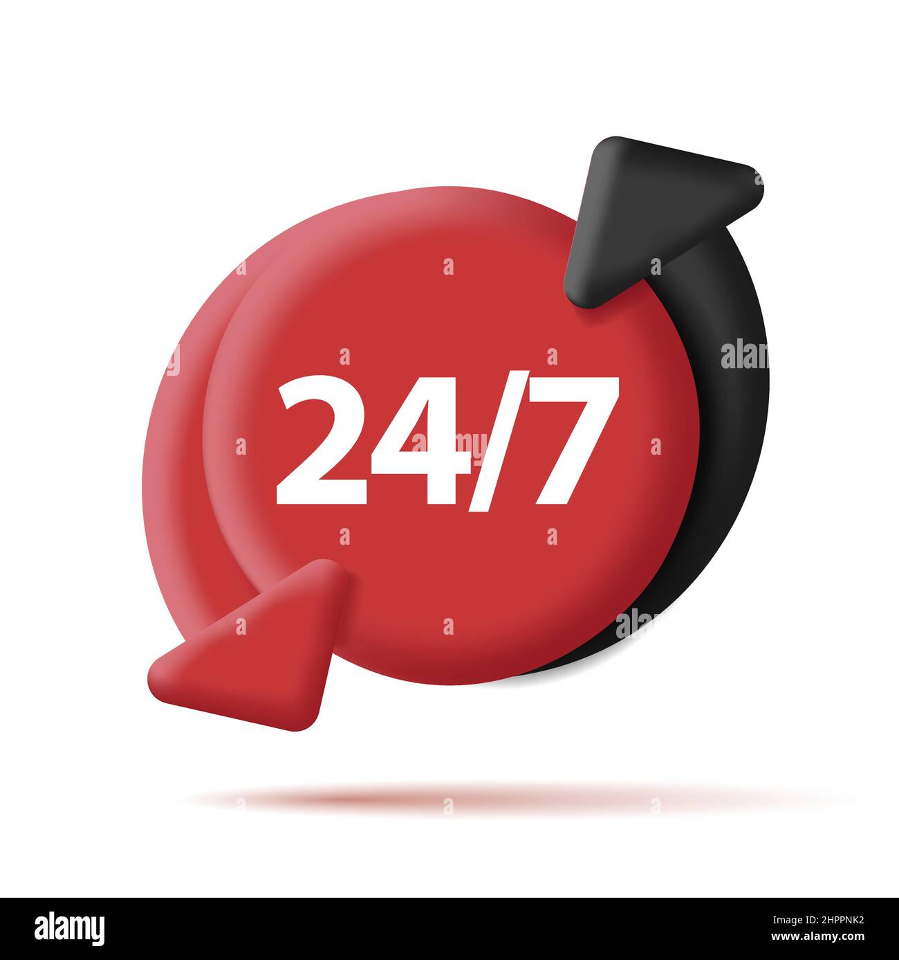 Twenty four seven service or support badge, red 3d round shapes with ...