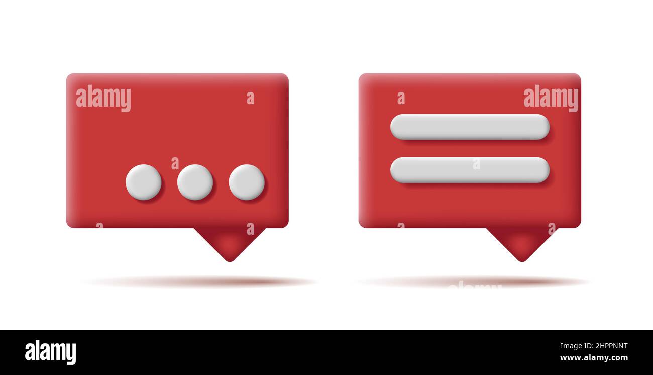 set of message icon, red 3d soft render shapes with pointer and three ...