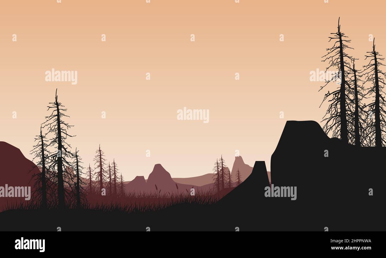 Stunning mountain view and ravines from the edge of the village at dusk ...