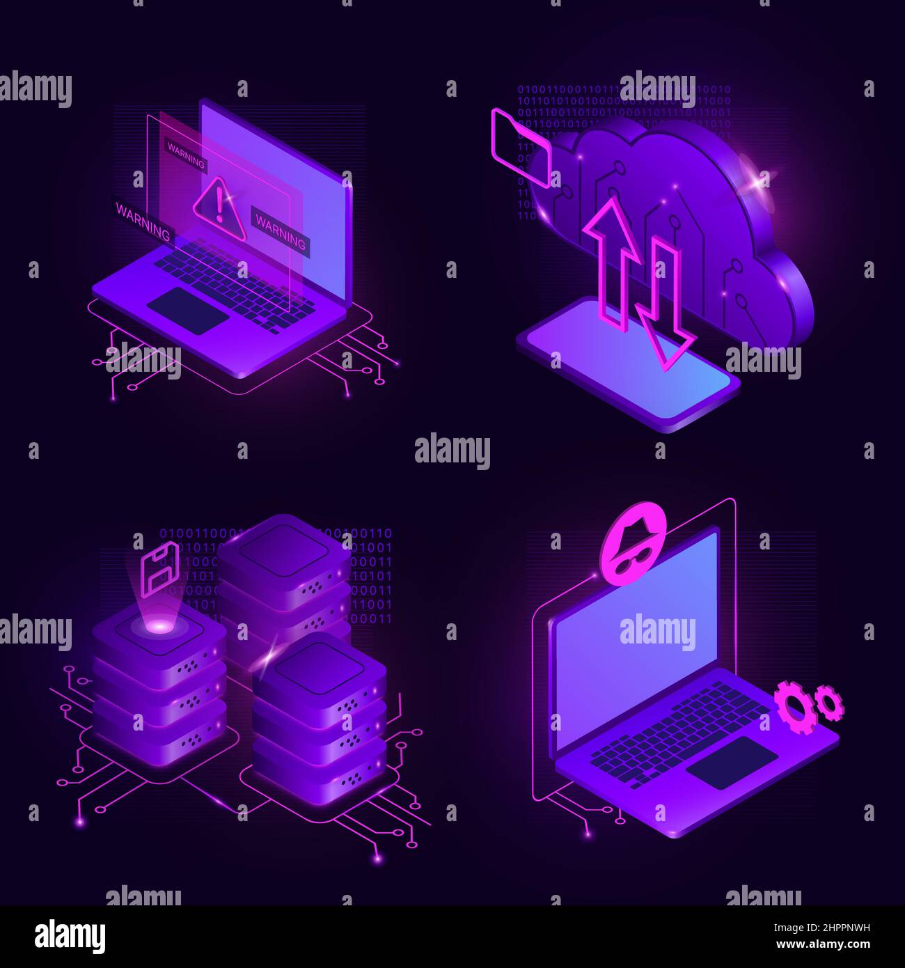 CyberSecurity Isometric Illustrations. Cloud Data Storage, Warning ...