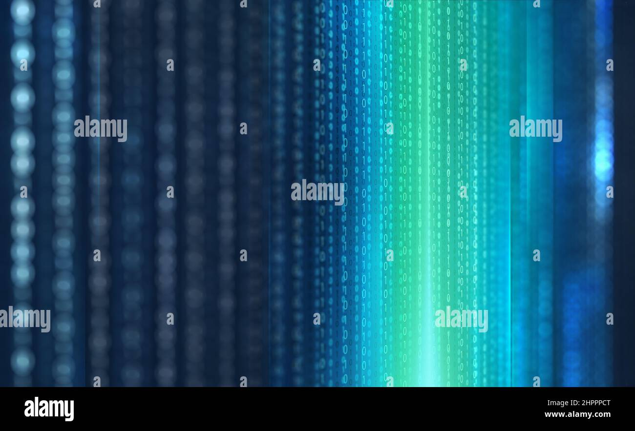 Shallow depth flowing binary code background, digital data flow and ...