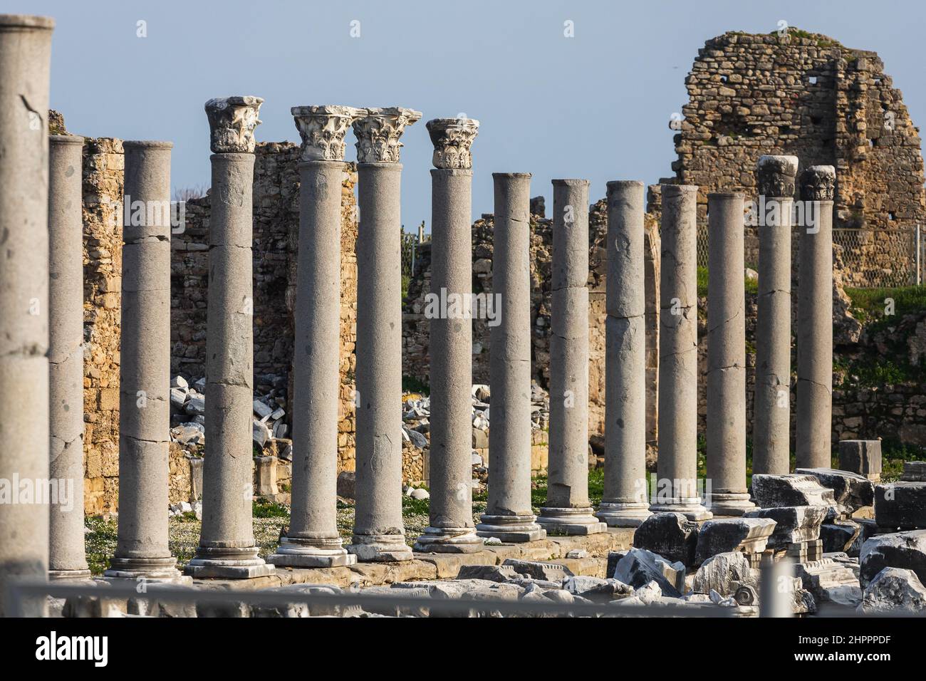 An antique ruined city of columns.Ruin. View of the ancient city in ...