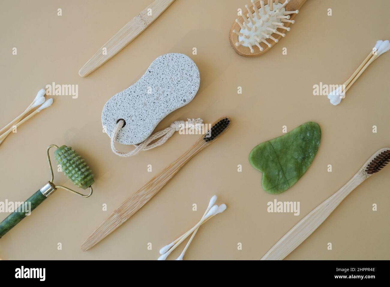 Natural skin care products on neutral beige background, flat lay ...