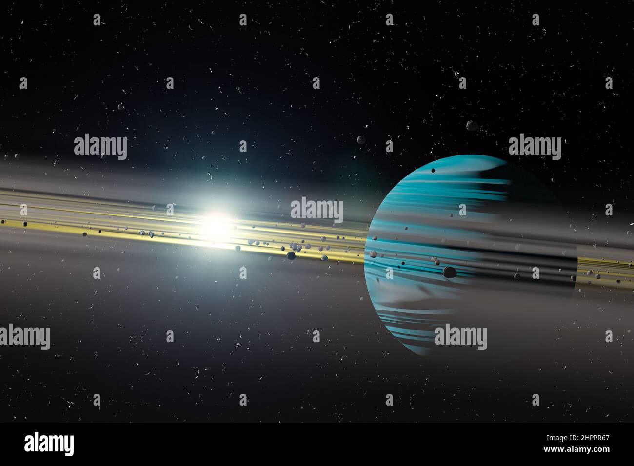 Blue fantastic planet with planetary disc of dust and rocks near the ...