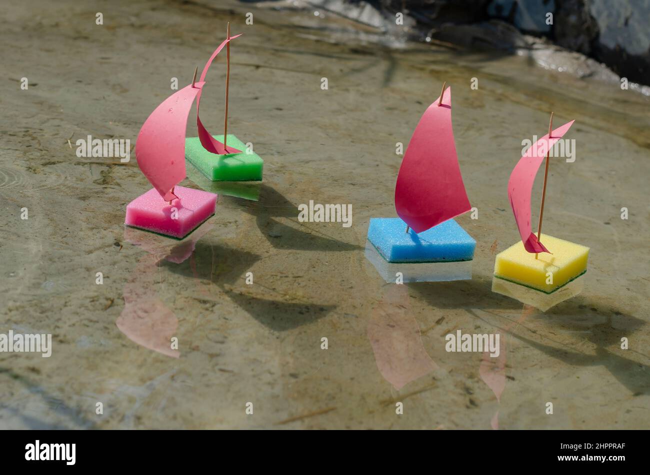 Toy sailboats made from kitchen sponges. Children's sailing regatta in ...