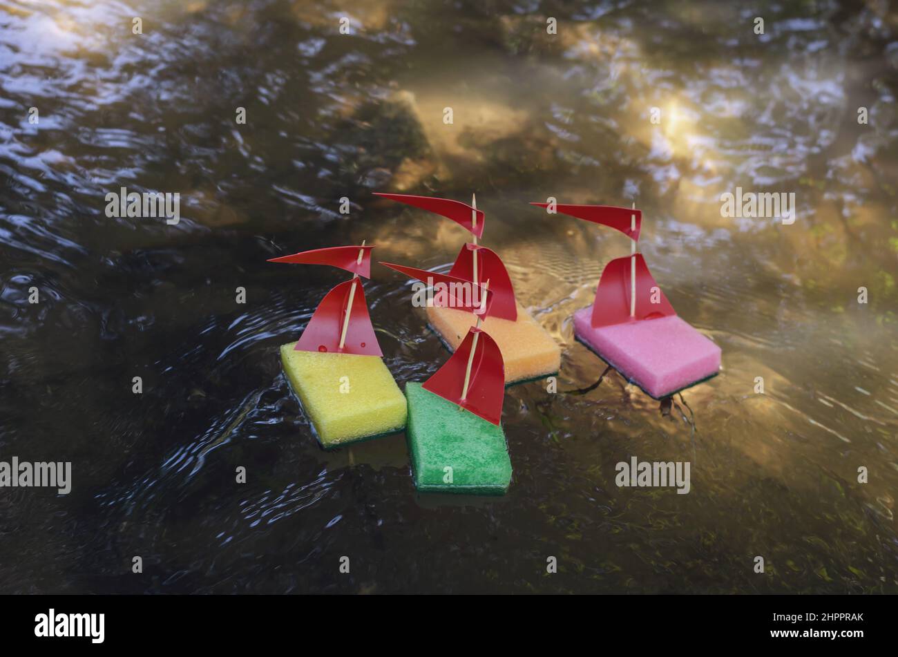 Homemade ships from kitchen sponges with masts. Children's toys ...