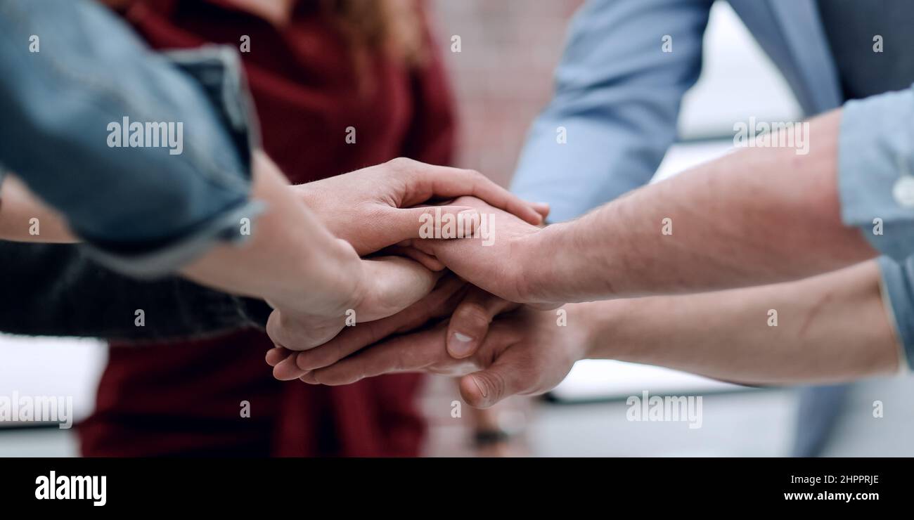 closeup.creative business team showing their unity Stock Photo - Alamy
