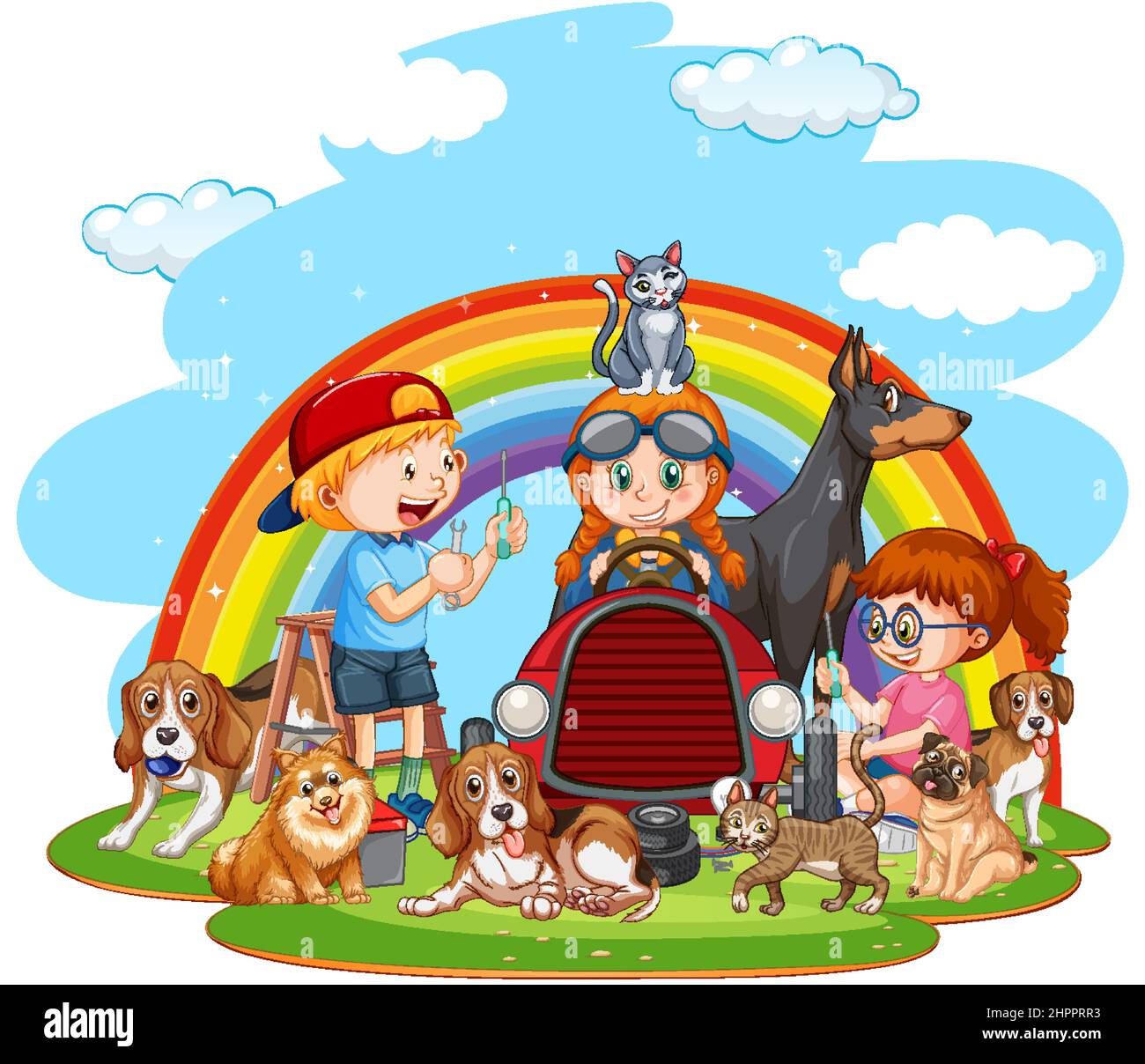 Children with many dogs with rainbow background illustration Stock ...