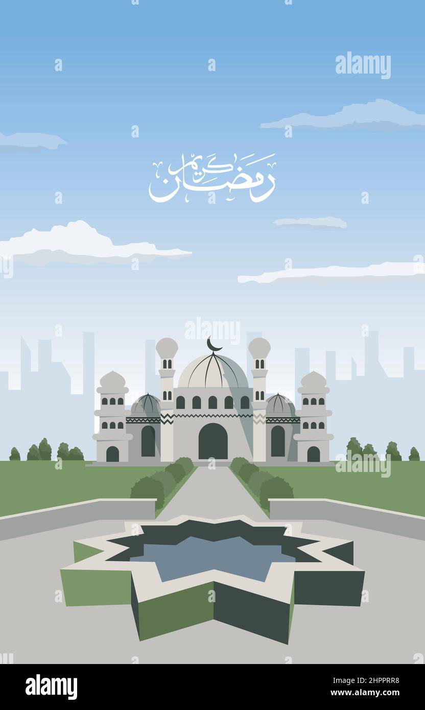 Beautiful Mosque Pond Garden Landscape Islamic Ramadan Kareem Greeting ...