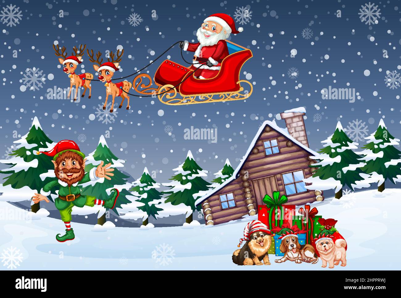 Snowy night scene with Christmas cartoon characters illustration Stock ...