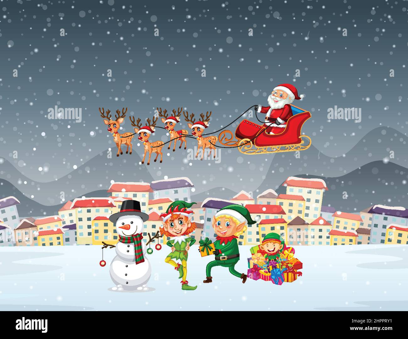 Snowy night scene with Christmas cartoon characters illustration Stock ...