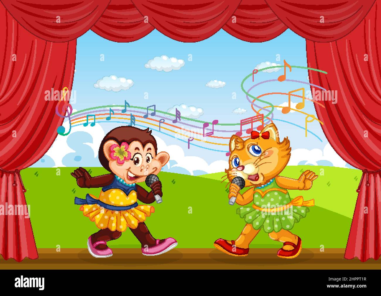Cat and monkey performing singing on stage illustration Stock Vector ...