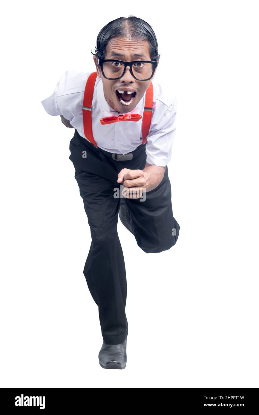 Asian nerd with ugly face running isolated over white background Stock ...