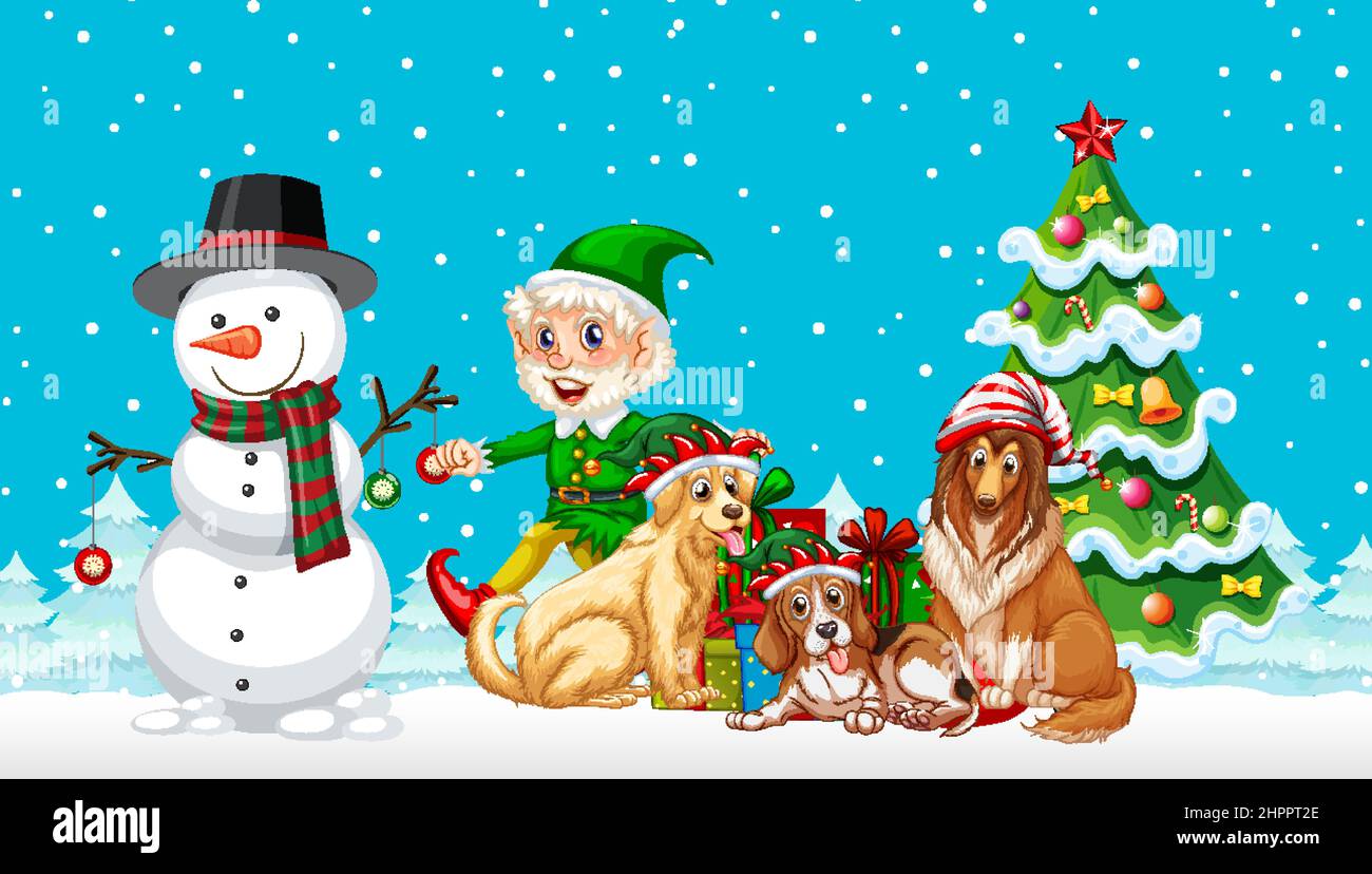 Christmas cartoon characters on snowy blue background illustration ...