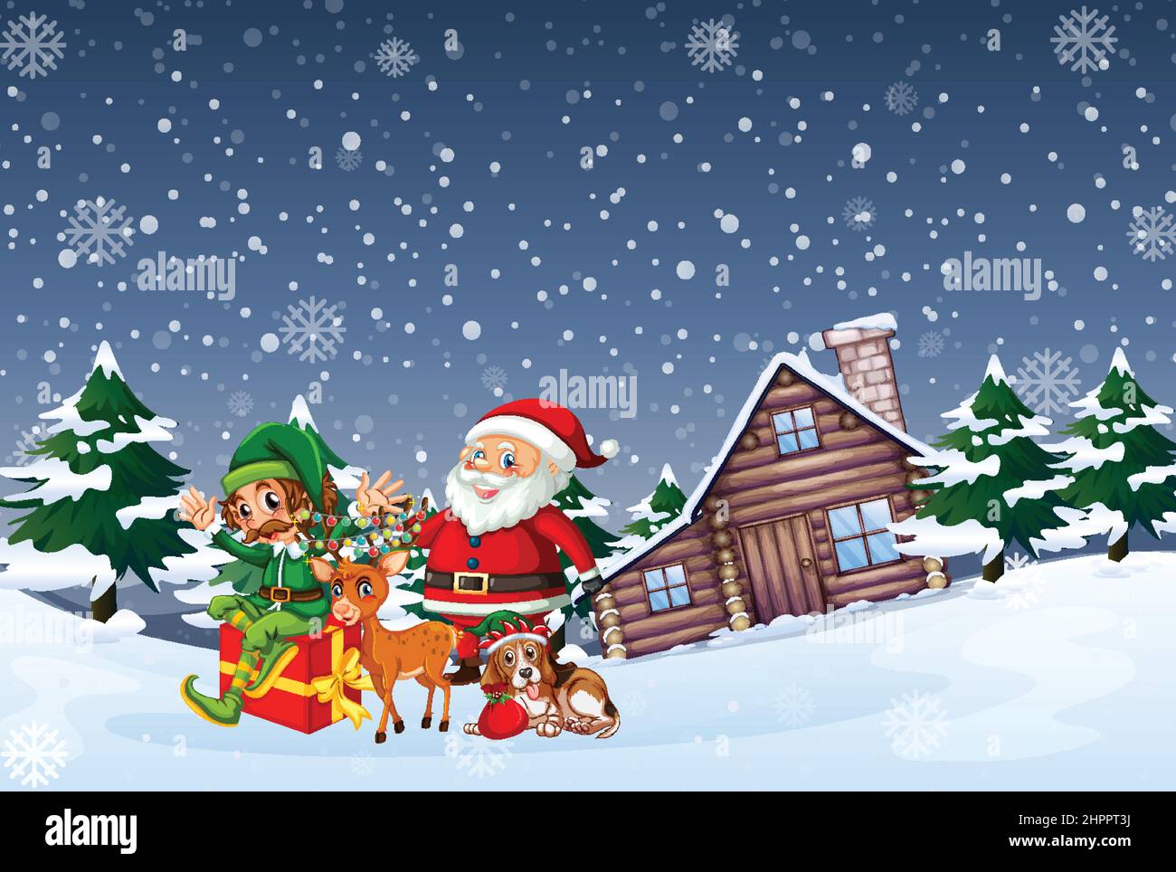 Snowy night scene with Christmas cartoon characters illustration Stock ...