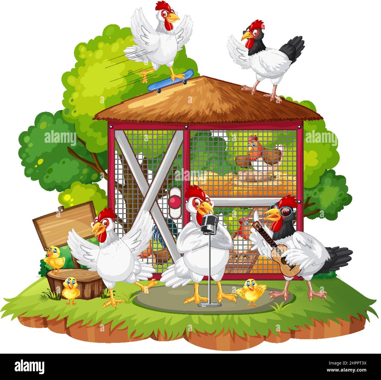 An isolated scene with a group of chickens in cartoon style ...