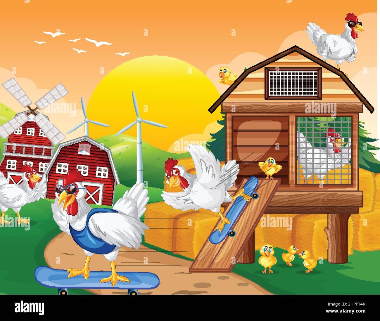 Chicken coop with chickens in the farm illustration Stock Vector Image ...