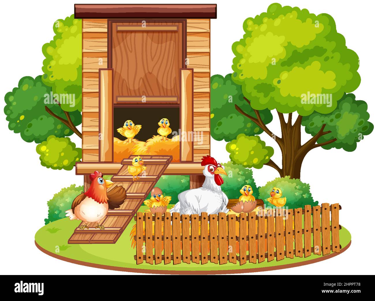 An isolated scene with a group of chickens in cartoon style ...