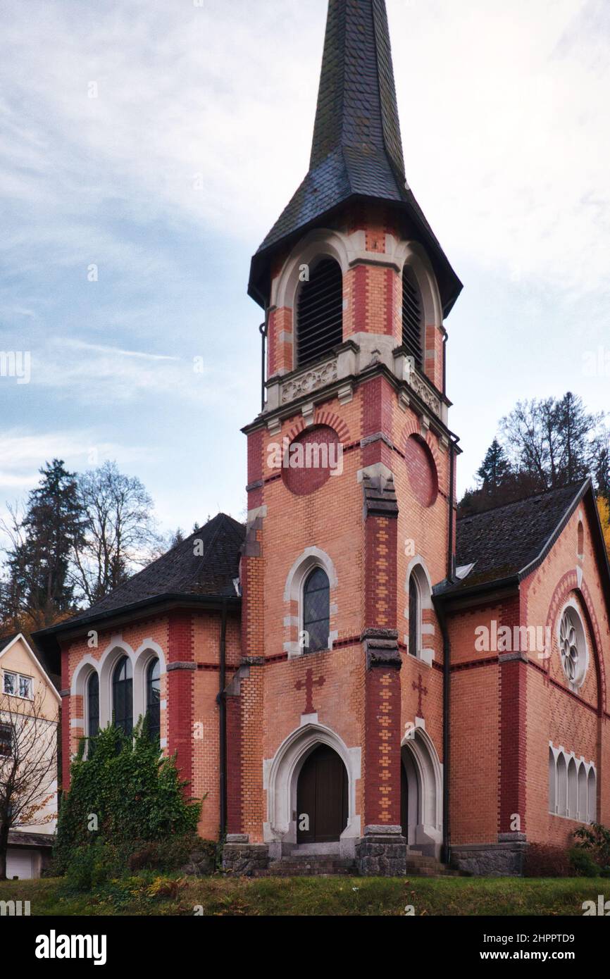 Door and tower of the Evangelical Trinitatis-Gemeinde Church in Triberg ...