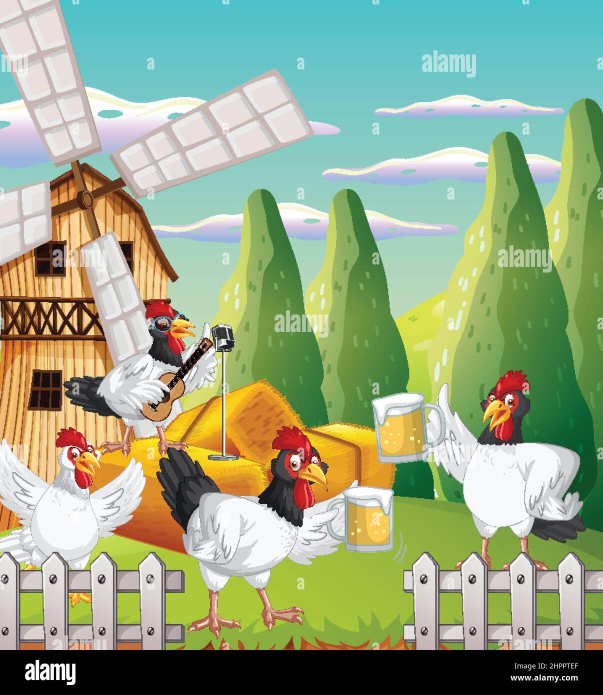 Farm scene with chickens in cartoon style illustration Stock Vector ...