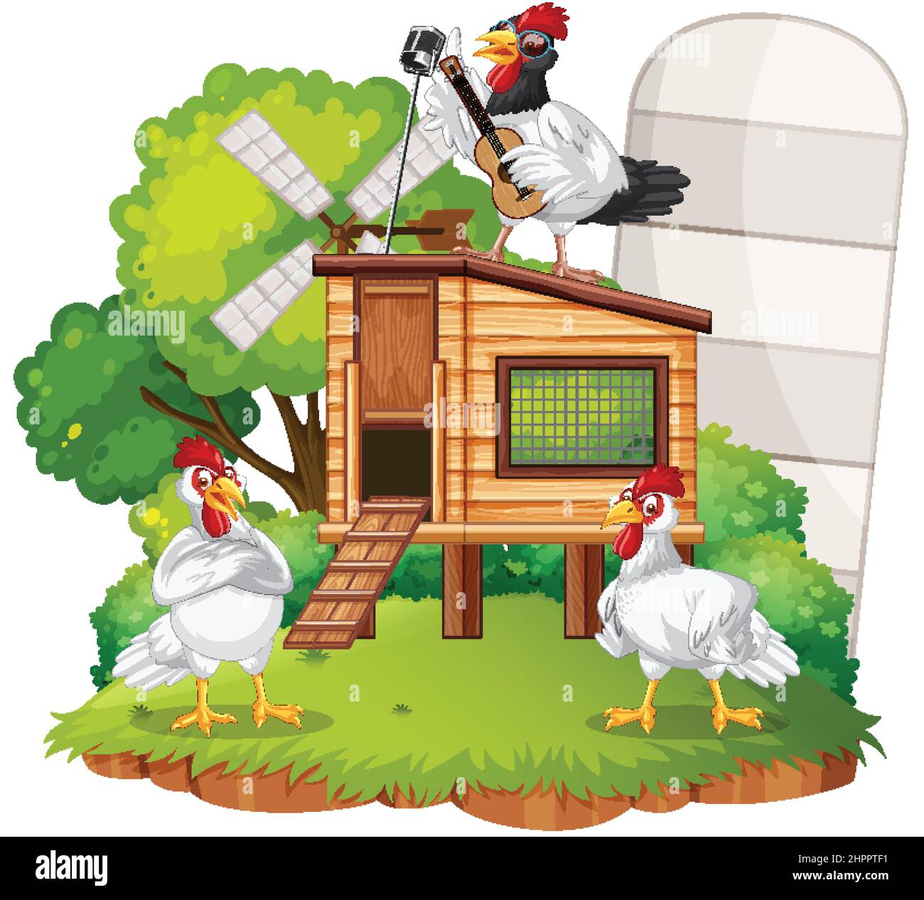 An isolated scene with a group of chickens in cartoon style ...