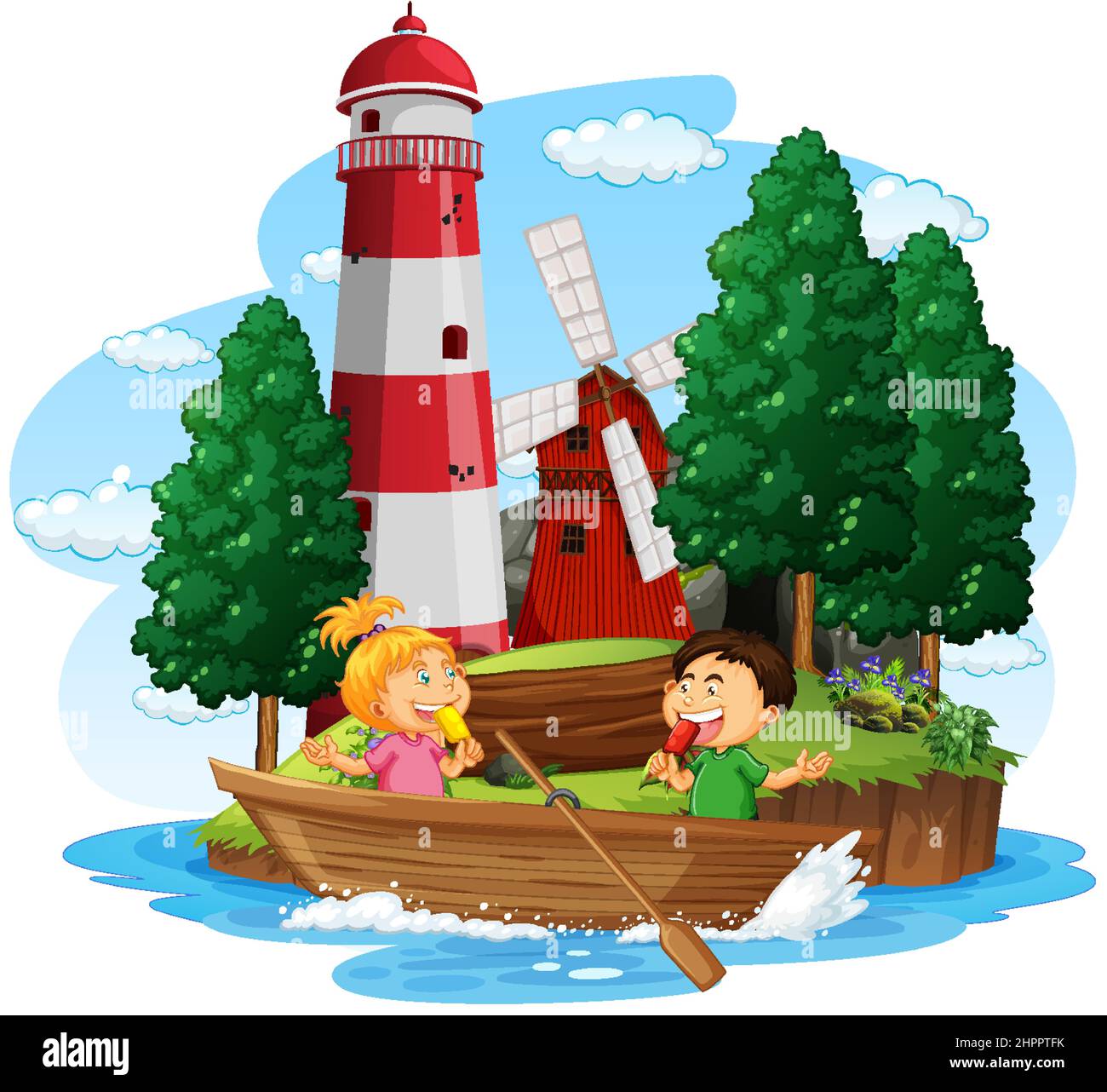 Lighthouse on the island with children on wooden boat illustration ...