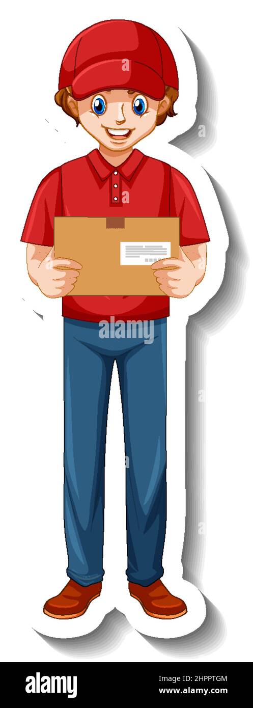 A sticker template with delivery man in uniform holding boxes ...