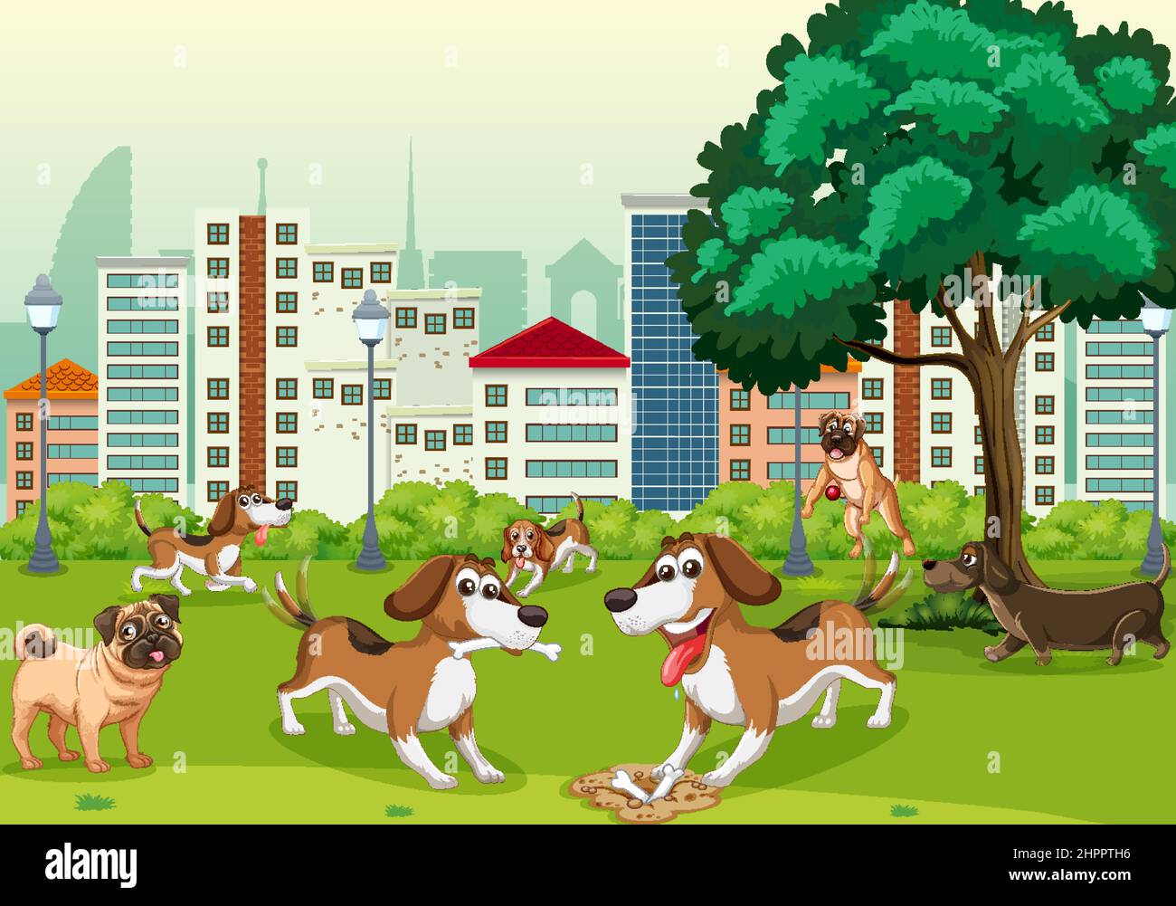 Many dogs playing in the city park illustration Stock Vector Image ...