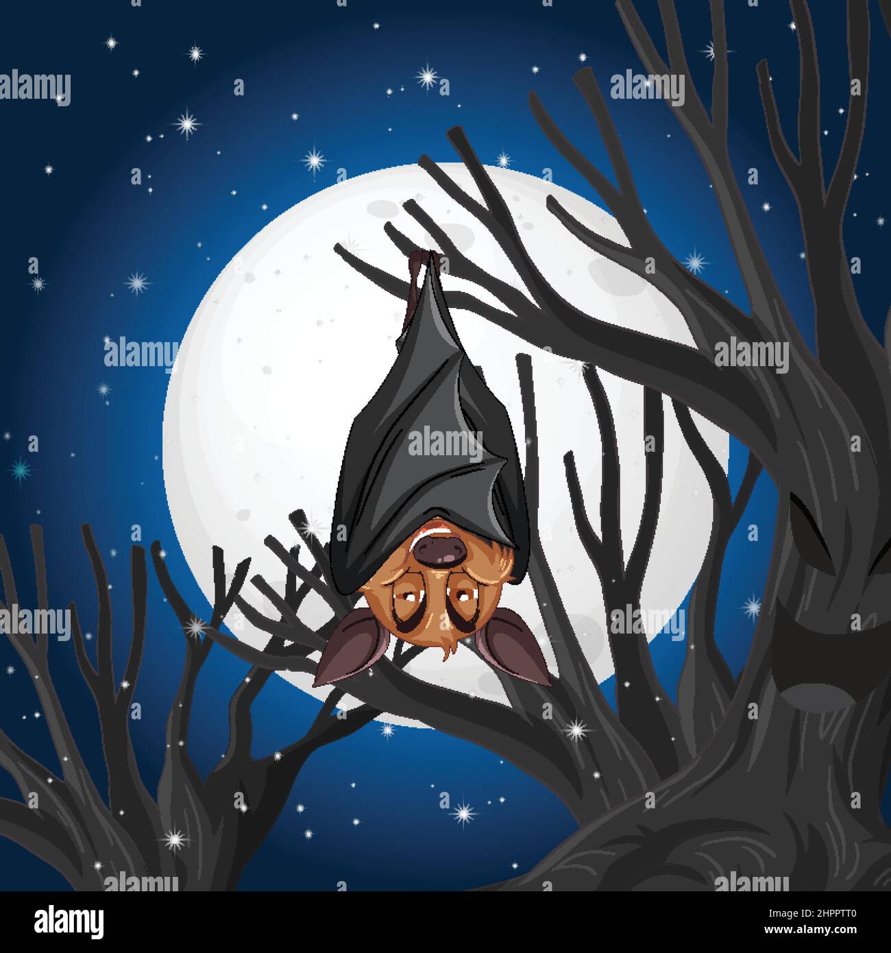 A bat hanging on tree at night scene illustration Stock Vector Image ...