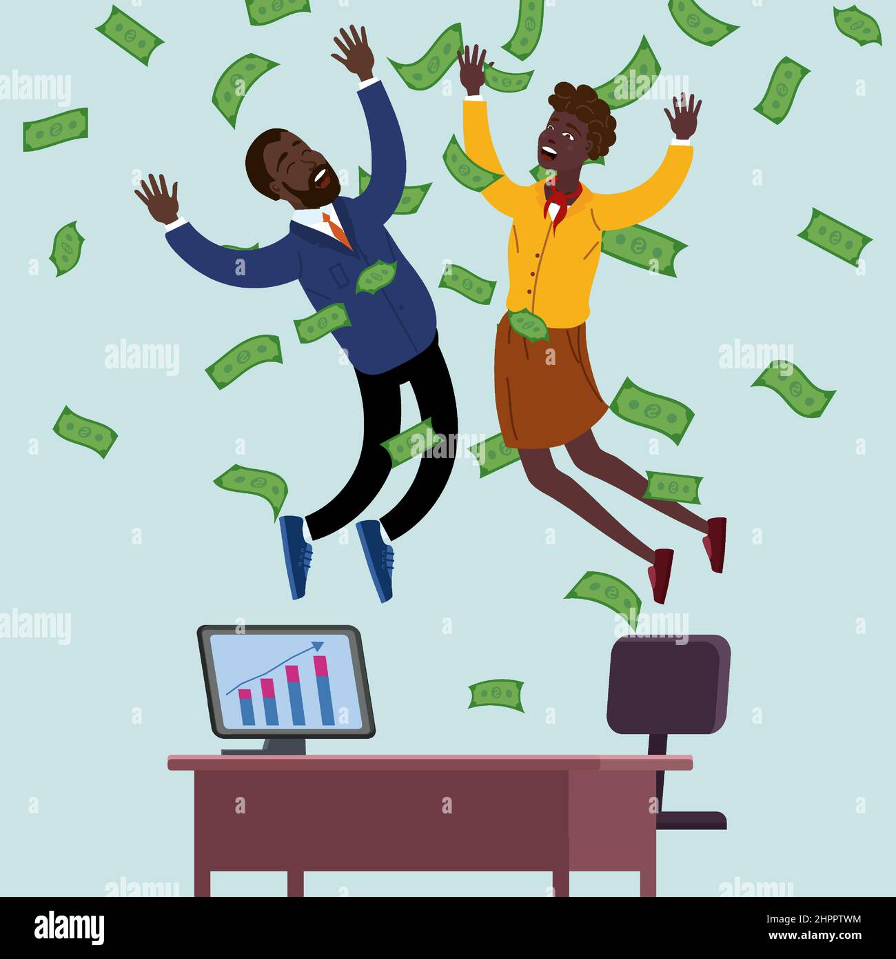 Happy african woman and man jump in the air falling money rain in the ...