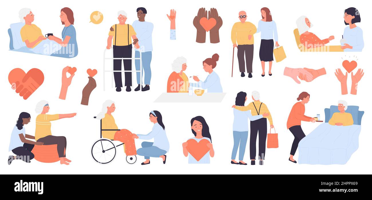 Care and support for senior people set vector illustration. Cartoon ...