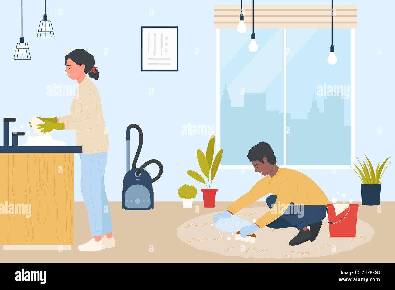 Couple in kitchen man washing Stock Vector Images - Alamy