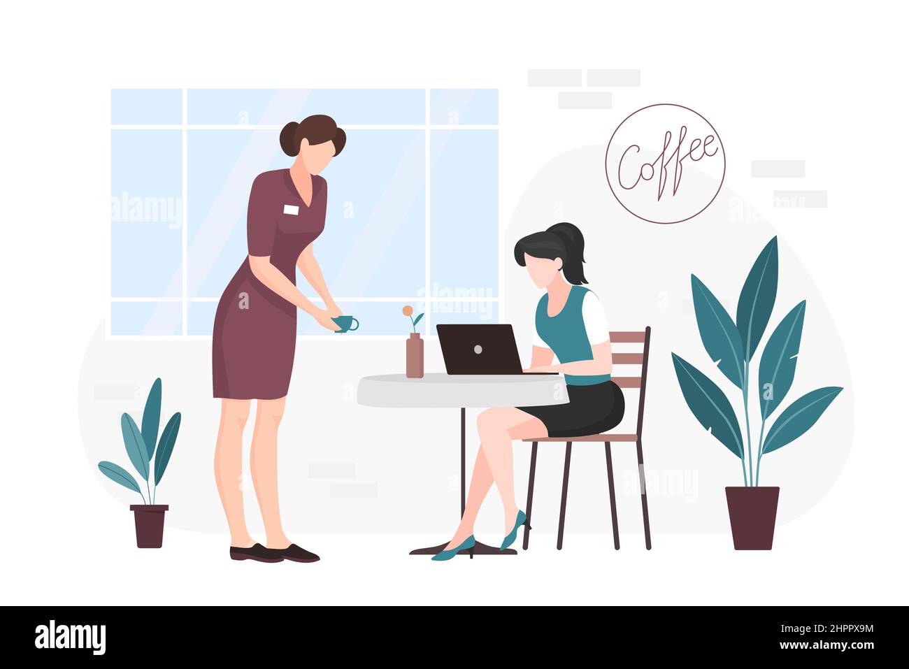 Working girl freelancer on laptop in cafe with cup of coffee. Cozy work ...