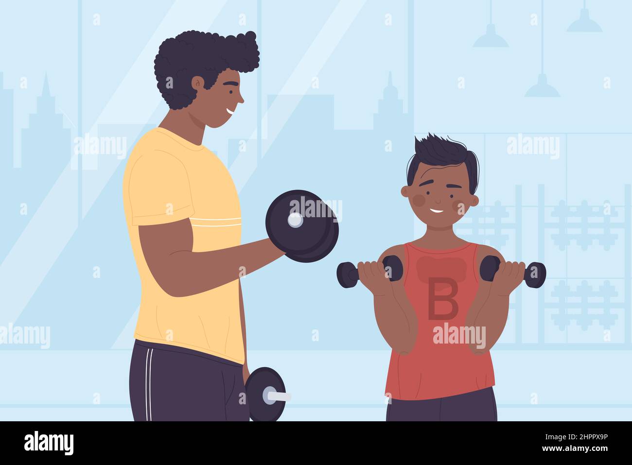Sportive father and son workout training. Family physical activity and ...