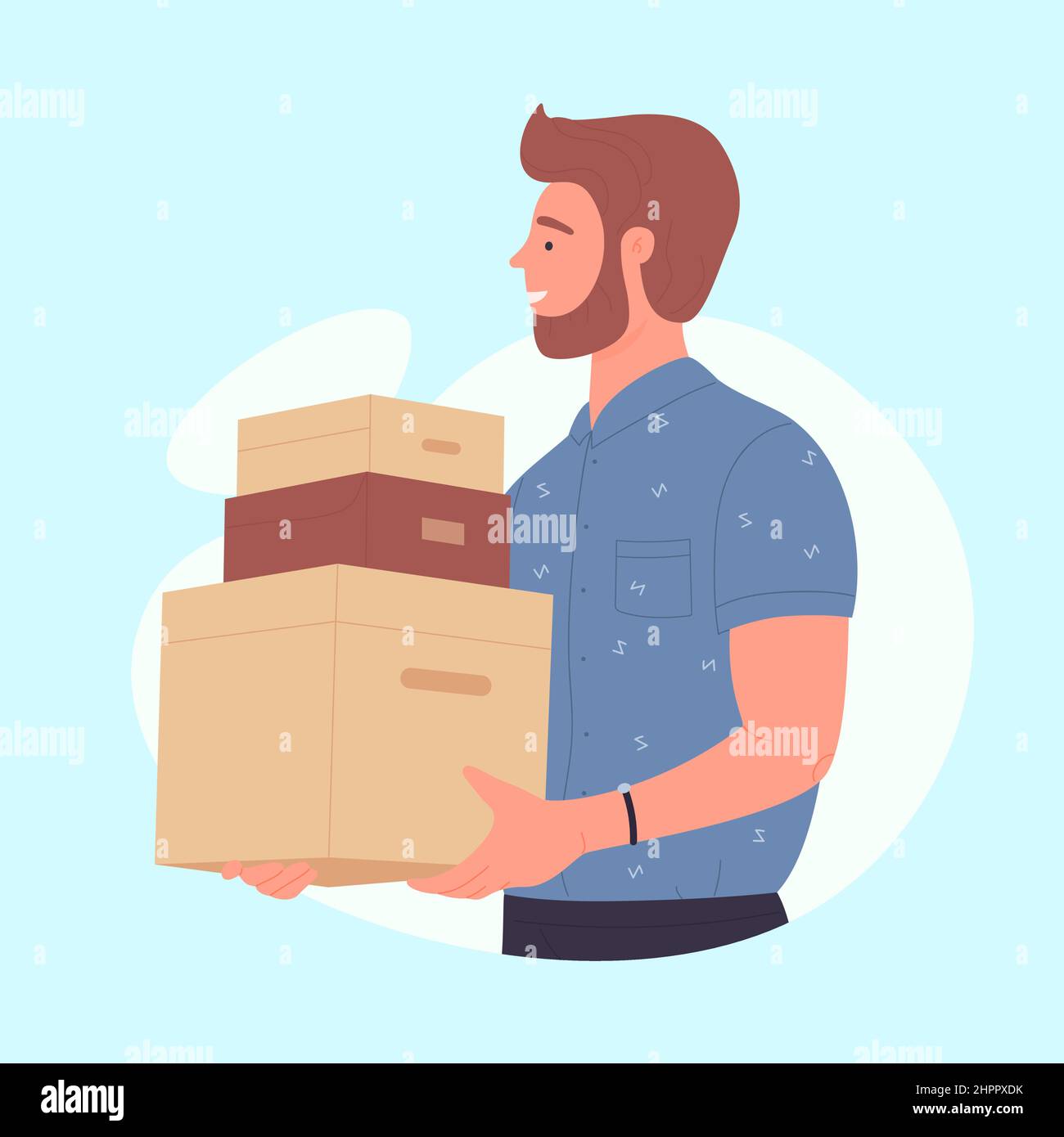 Bearded young man holding parcel boxes. Ordering and delivery packages ...