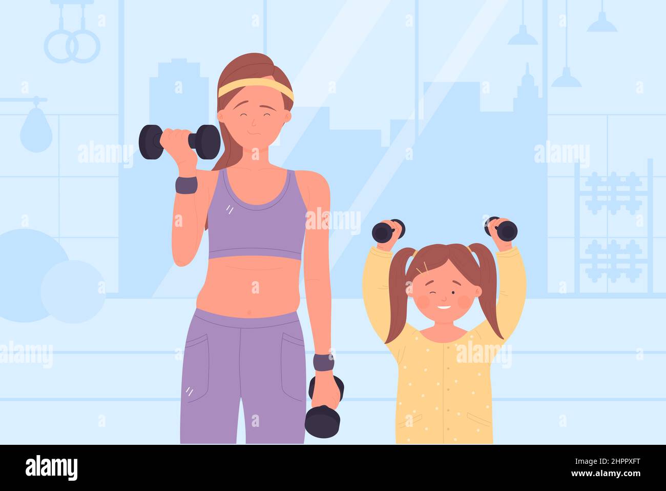 Active mom and daughter workout training. Sportive family doing fitness ...