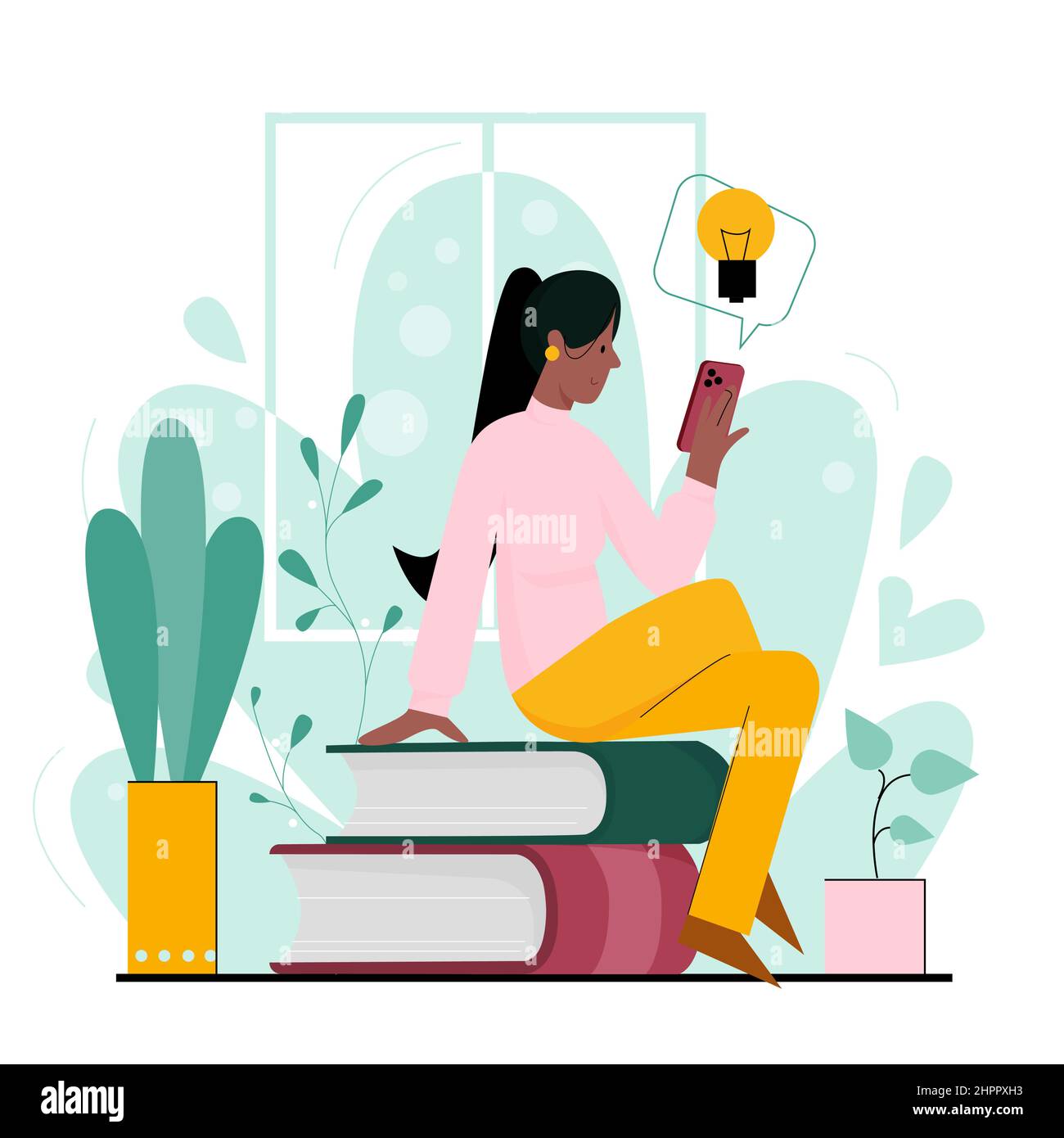 Girl on stack books using phone for online education. Distance learning ...