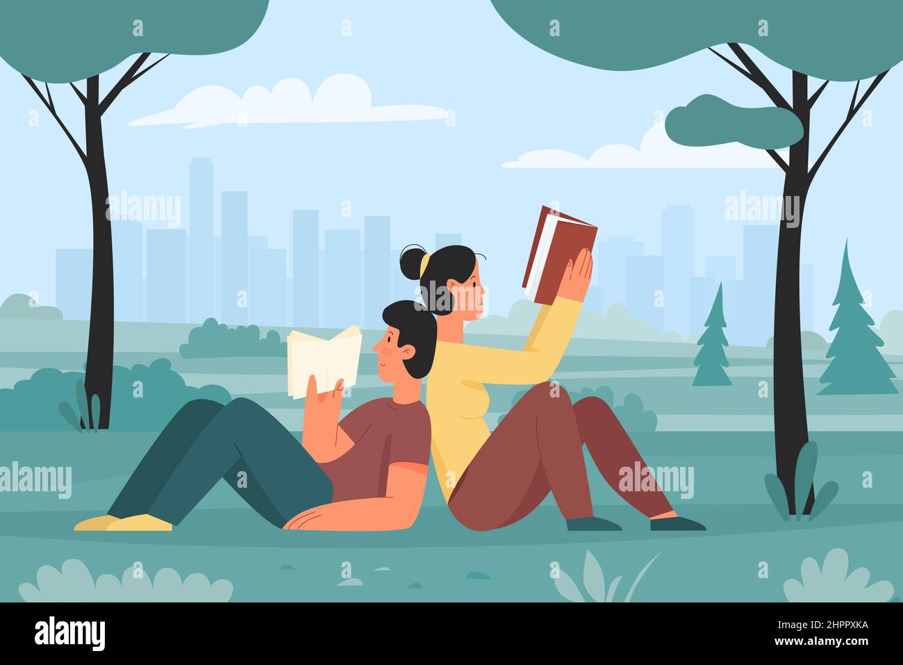 Boy and girl relaxing and reading books in park. Outdoor educational ...