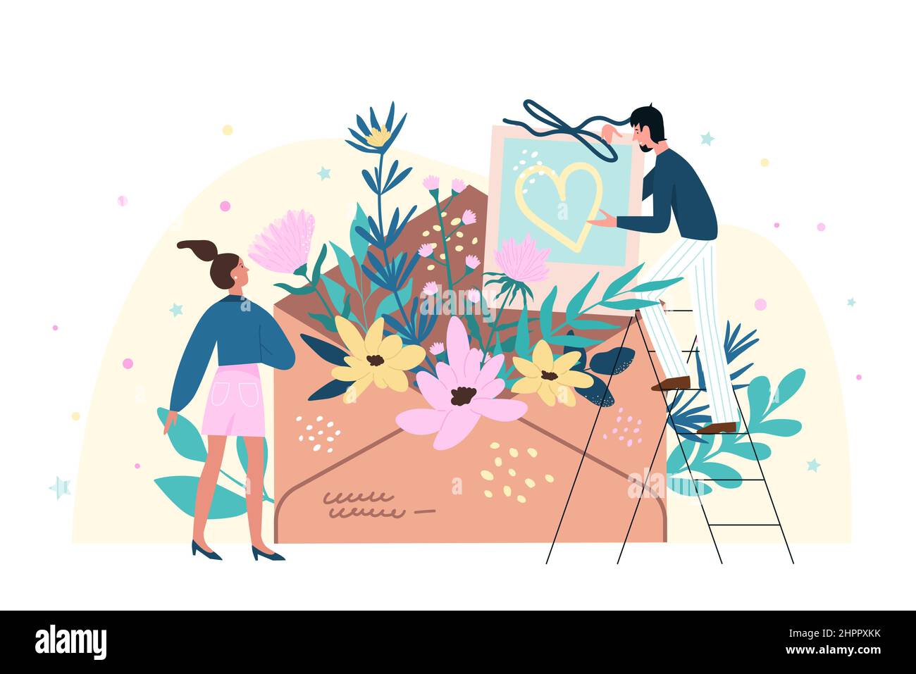 People decorating envelope with flowers. Creative greeting card and ...